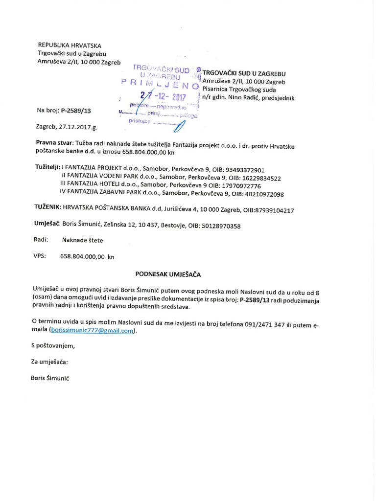 Boris Šimunić - Podnesak Trgovačkom Sudu Zagreb | PDF