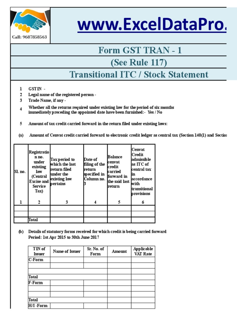 GST TRAN 1 Return Excel Template | PDF | Invoice | Value Added Tax