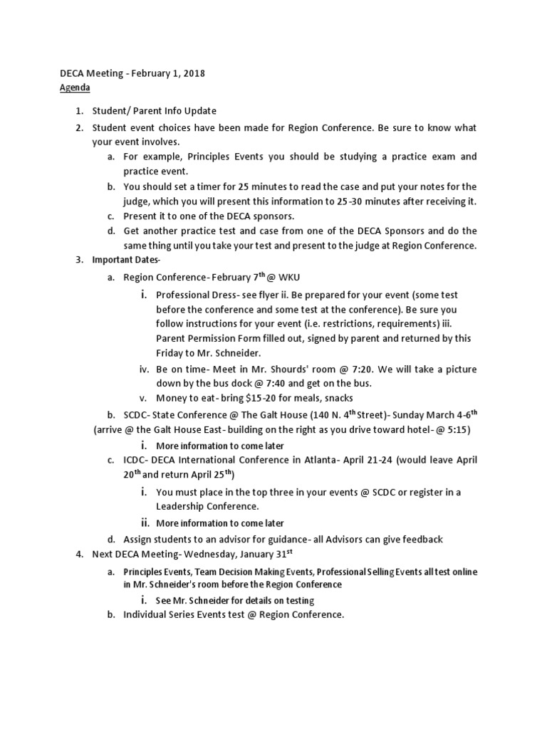 DECA Meeting Agenda and Important Dates | PDF | Test (Assessment)