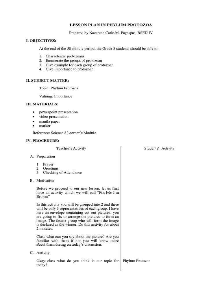 Lesson Plan in Phylum Protozoa G8 | PDF | Protozoa | Biology