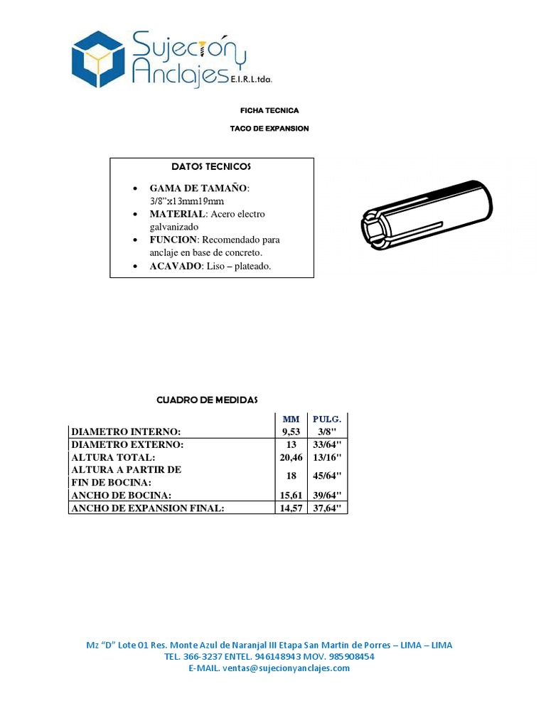 Ficha Técnica: Taco de Expansión 3/8 | PDF