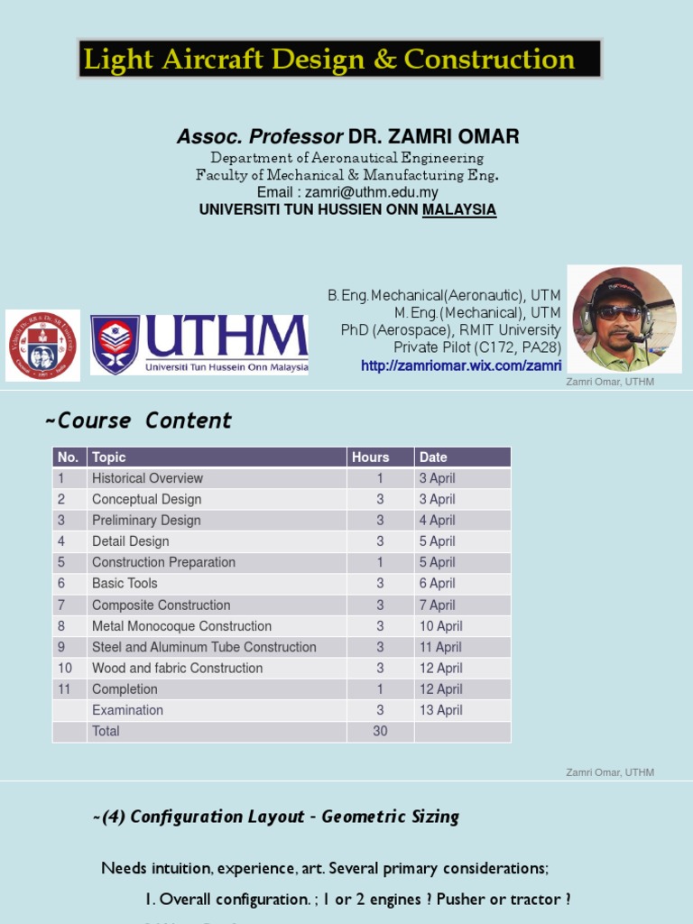 Light Aircraft Design & Construction: Conceptual Design Lecture Notes ...