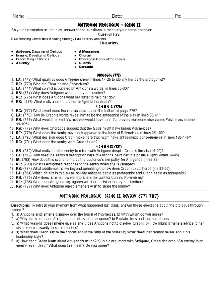 Antigone Guided Questions | PDF | Oedipus | Boeotian Mythology