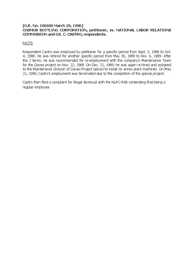 Cosmos Bottling vs. NLRC: Illegal Dismissal Case | PDF | Technology ...
