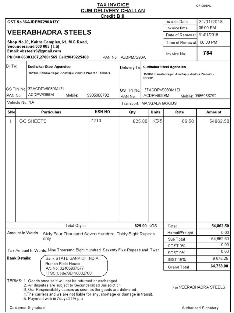 Invoice for the sale and delivery of 825 kgs of GC sheets from ...