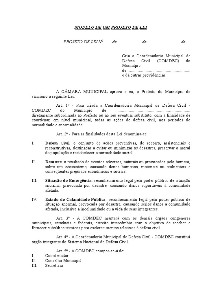 Modelo De Projeto De Lei Municipal Criao Defesa Civil Pdf Governo