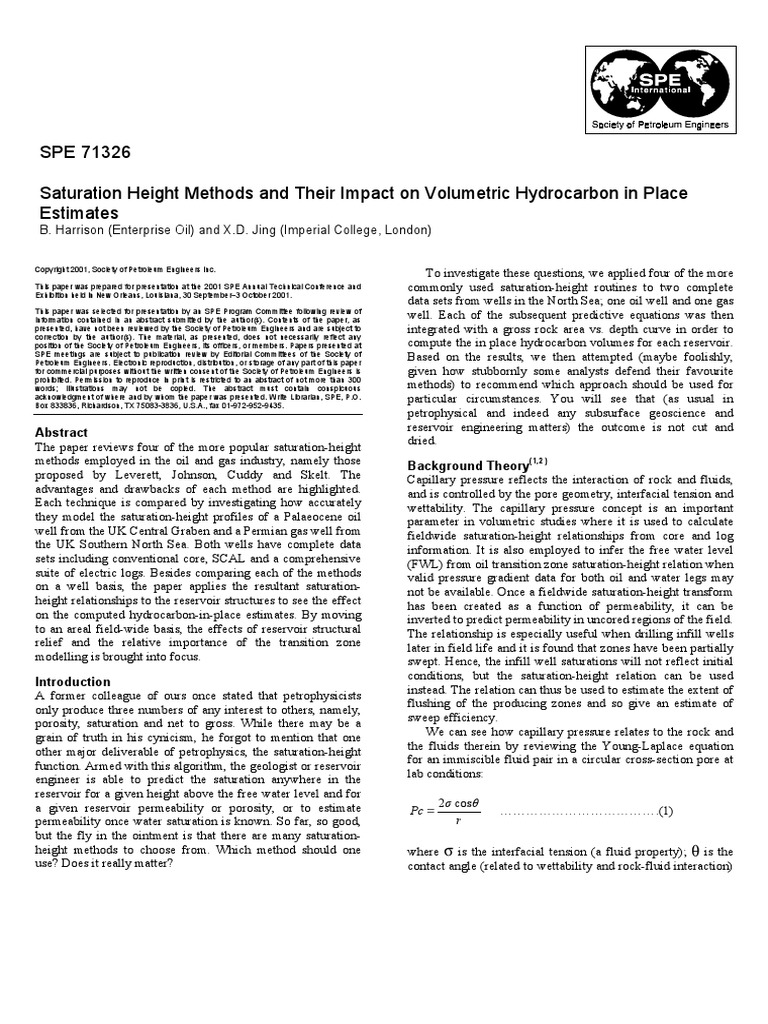 Paper Saturation Height Methods | PDF | Petroleum Reservoir | Porosity