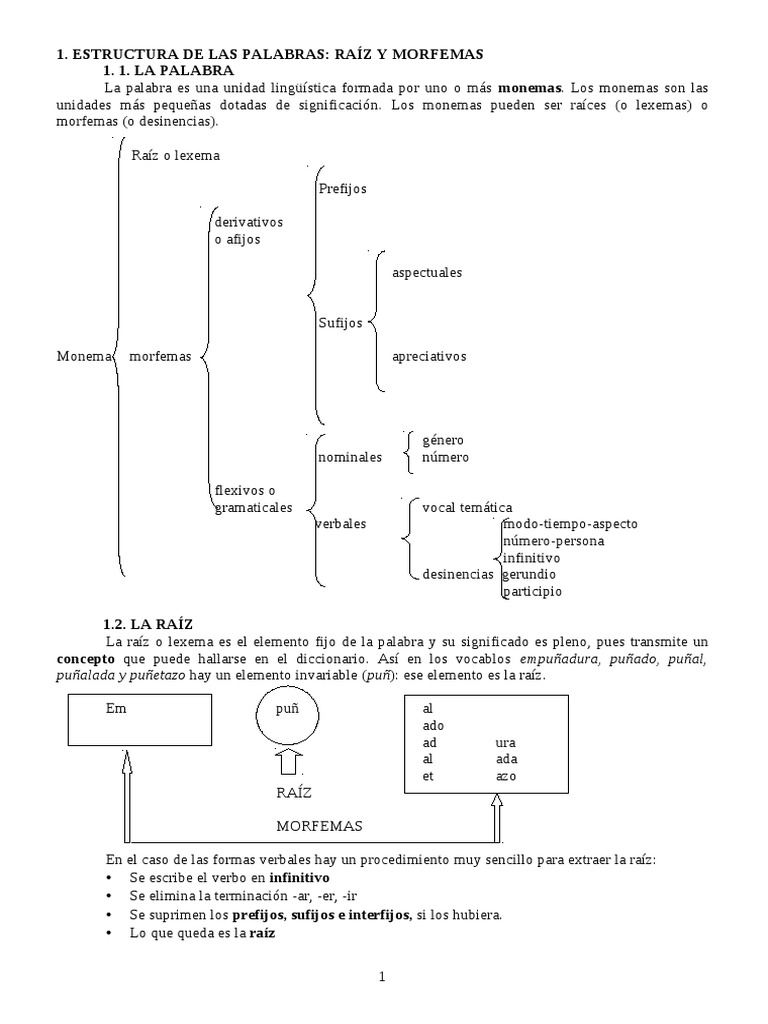 Estructura De La Palabras Raiz Y Morfemas Pdf Numero Gramatical Verbo