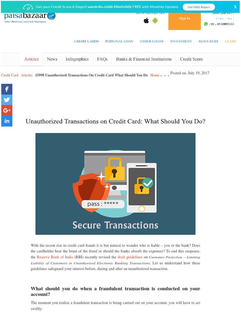 Unauthorized Transactions On Credit Card - What Should You Do | PDF ...