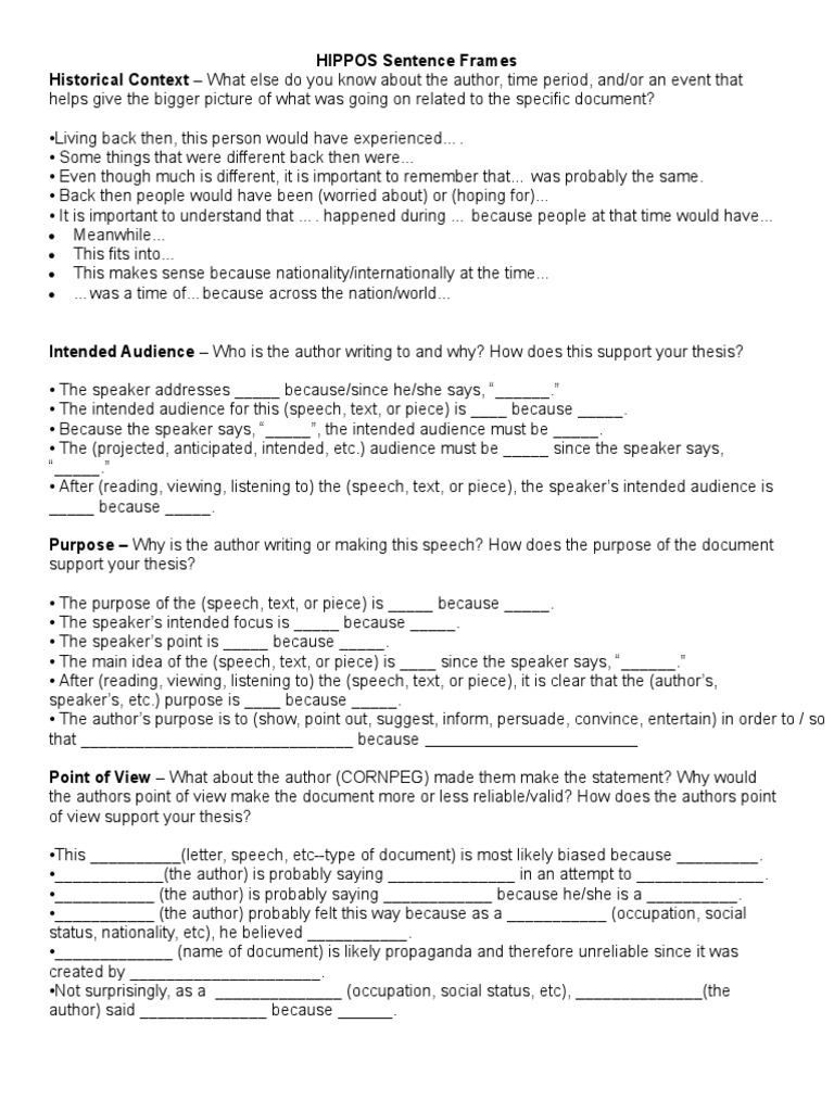 APEuro - Unit 1 - DBQ HIPPO Sentence Frames | PDF | Cognitive Science ...