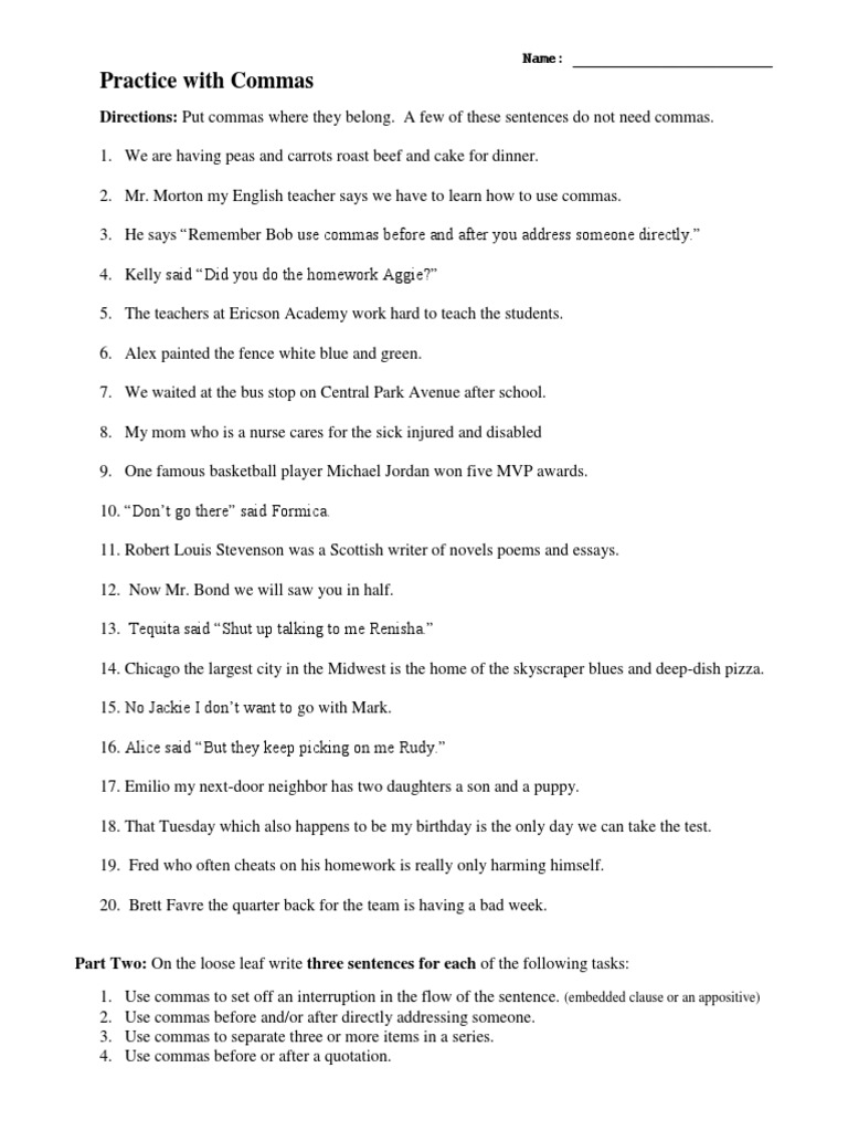 Comma Practice Worksheet for Students | PDF