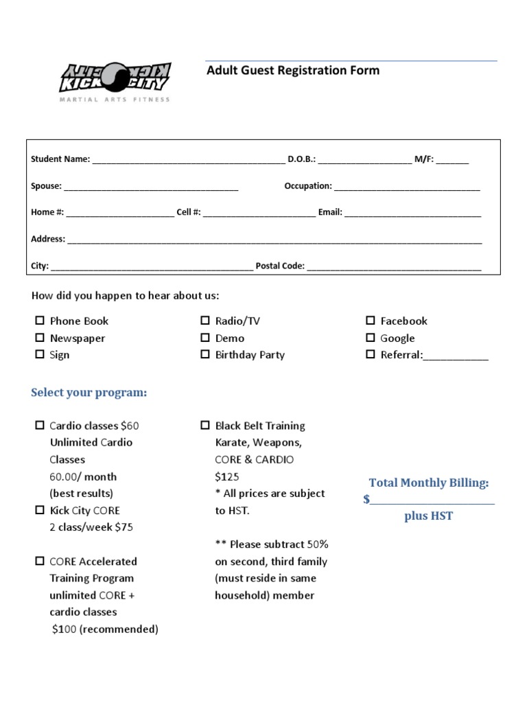 Kick City Master Adult Registration Form | PDF | Payments | Cheque