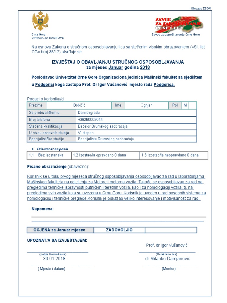 Izvještaj o Obavljanju Stručnog Osposobljavanja | PDF