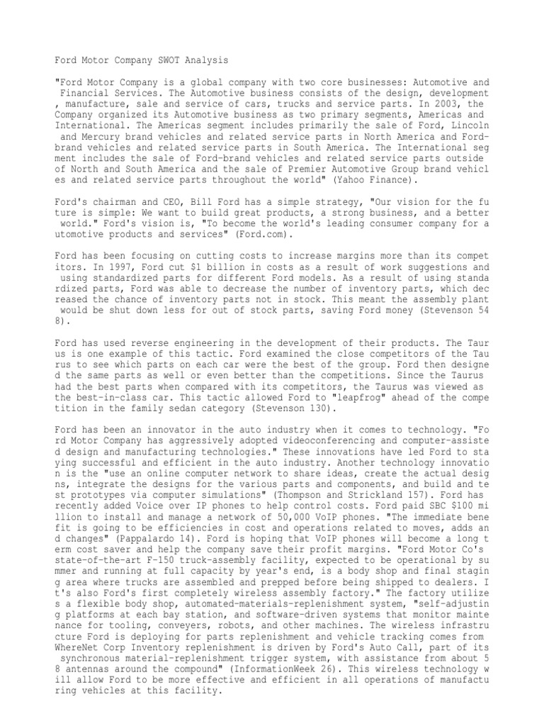 Ford Motor Company SWOT Analysis | PDF | Ford Motor Company | Car