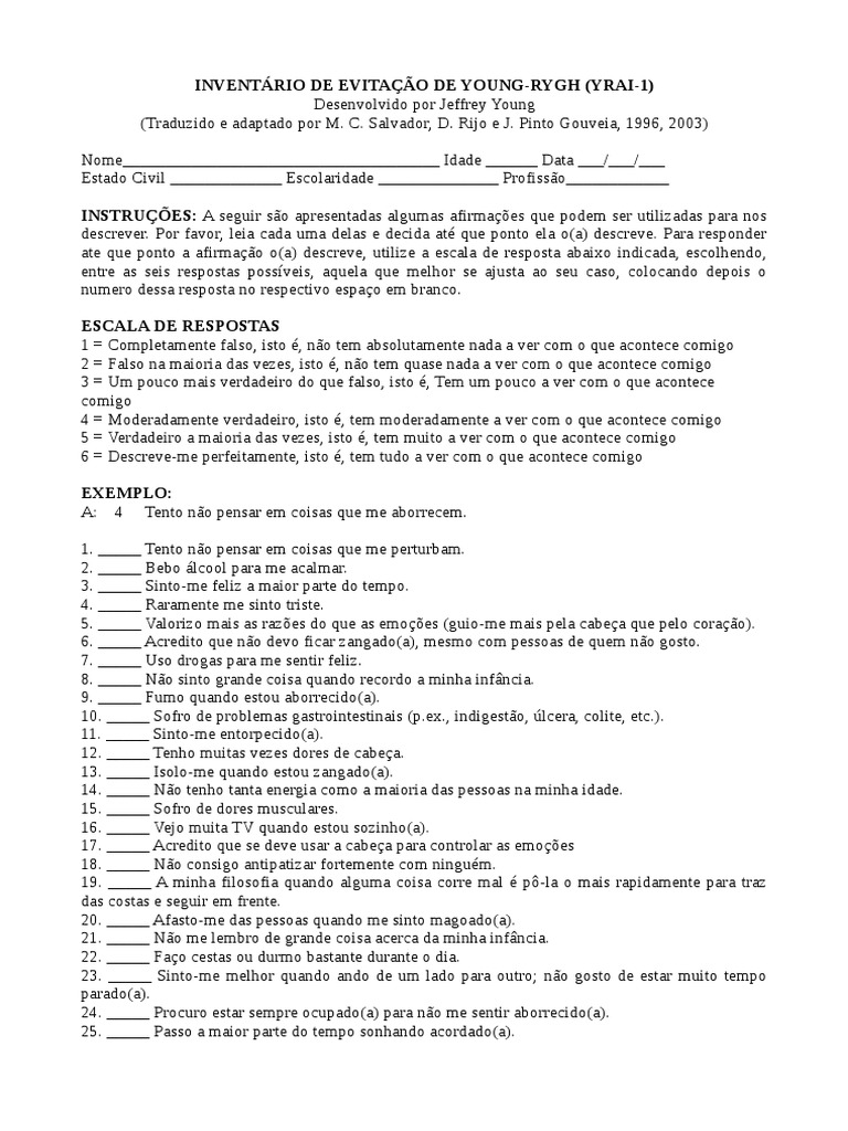 Inventário de Evitação Young-Rygh | PDF | Autoajuda