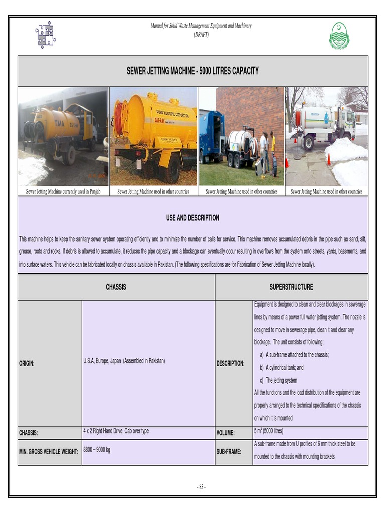 Draft Manual for a 5,000 Liter Sewer Jetting Machine: Specifications ...