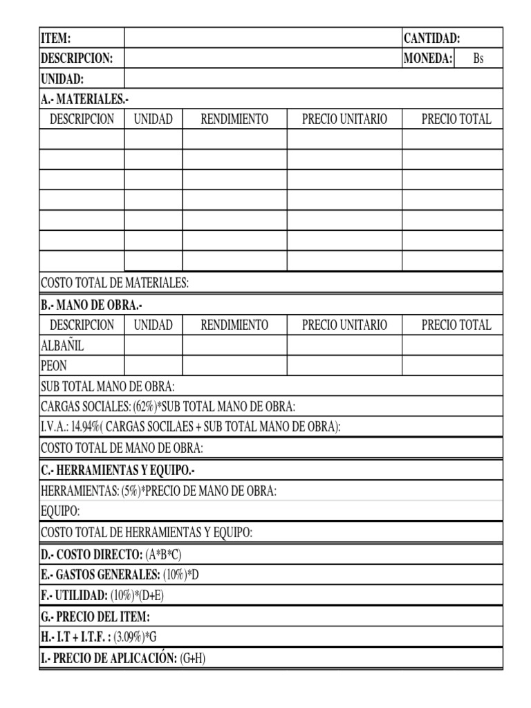 Planilla de Items | PDF