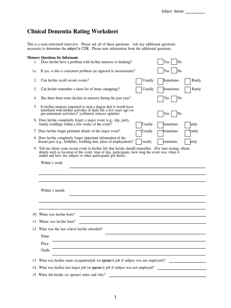 Clinical Dementia Rating Worksheet: Memory Questions For Informant ...
