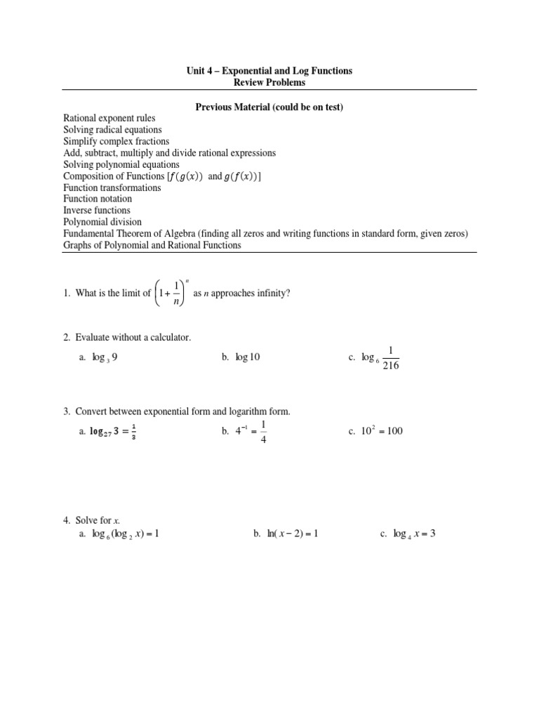 Unit 4 Exam Review | PDF | Logarithm | Polynomial