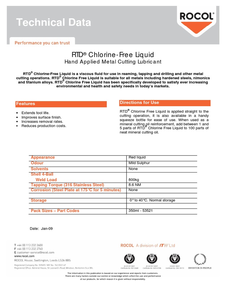 Technical Data: RTD Chlorine-Free Liquid | PDF | Steel | Metals