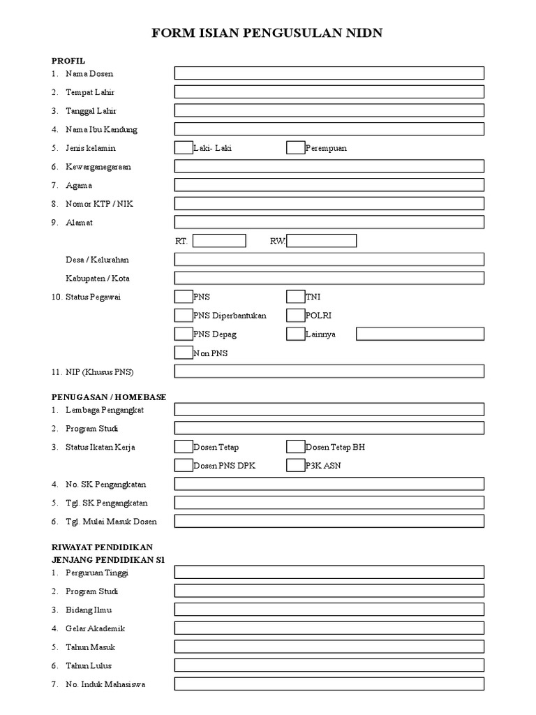Form Isian Verifikasi Data NIDN NIDK NUP DOSEN | PDF
