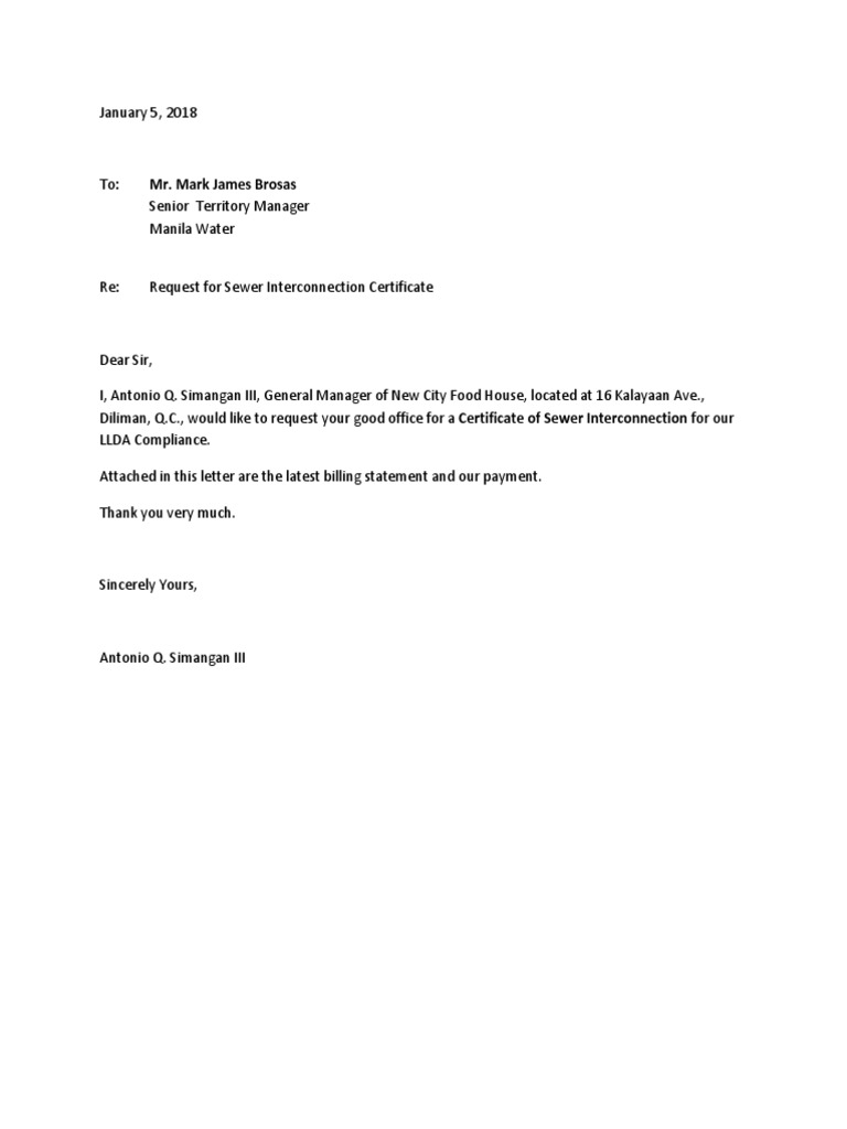 Request for Certificate of Sewage Interconnection