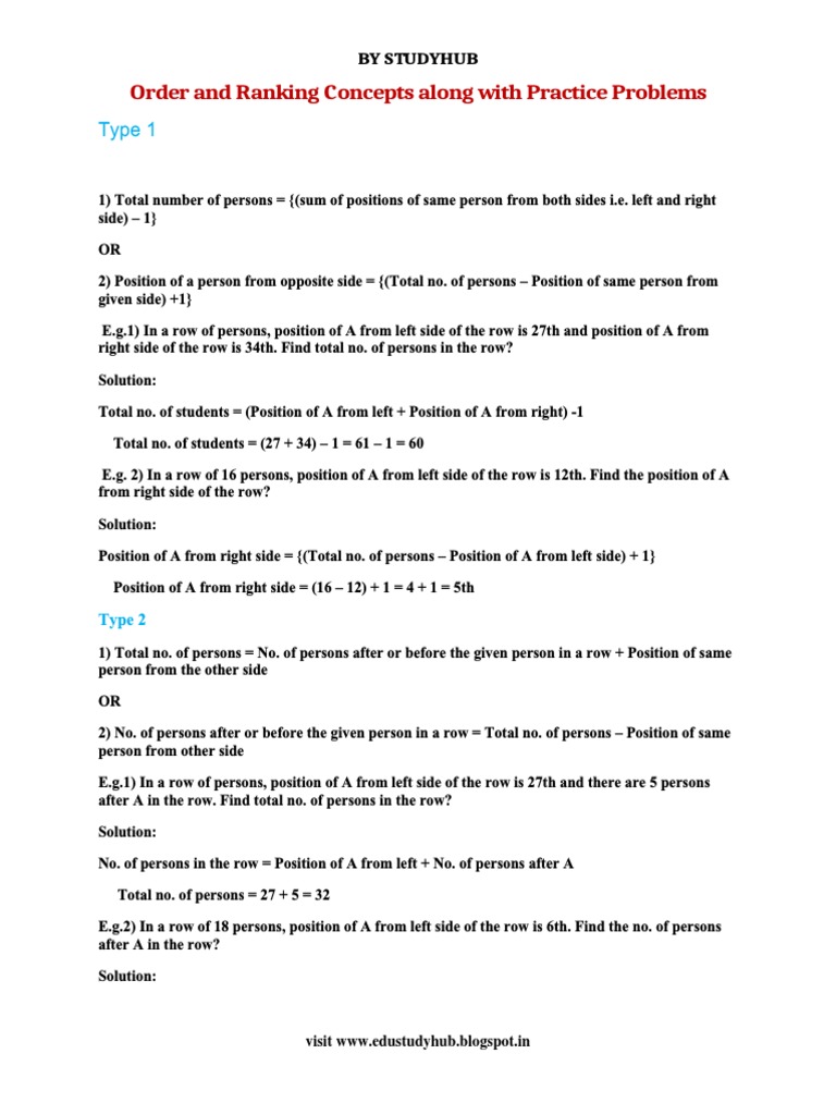 Type 1: Order and Ranking Concepts Along With Practice Problems | PDF ...