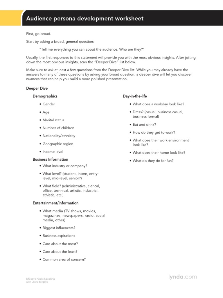 Audience Persona Development Worksheet: Deeper Dive Demographics Day-In ...