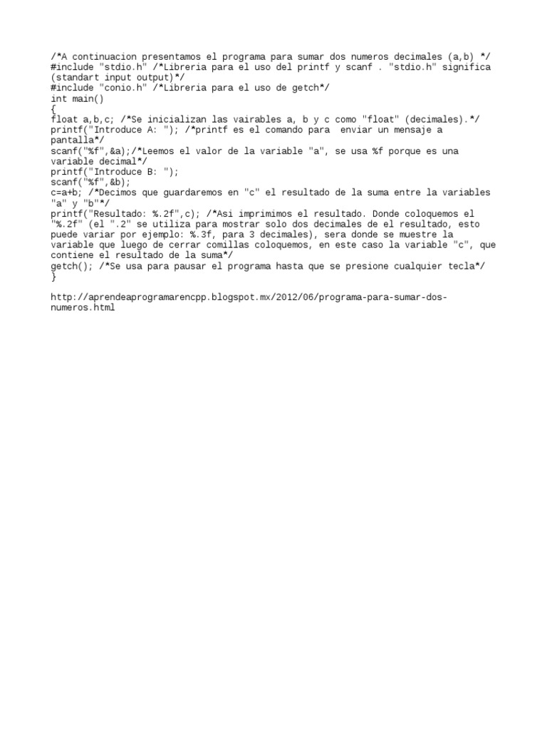 Programa para Sumar Dos Numeros (Decimales) en C++ | PDF