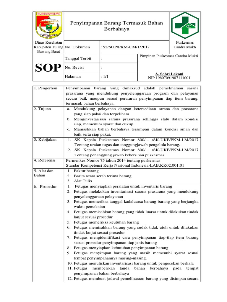 SOP Penyimpanan Barang Termasuk Bahan Berbahaya | PDF | Sains & Matematika