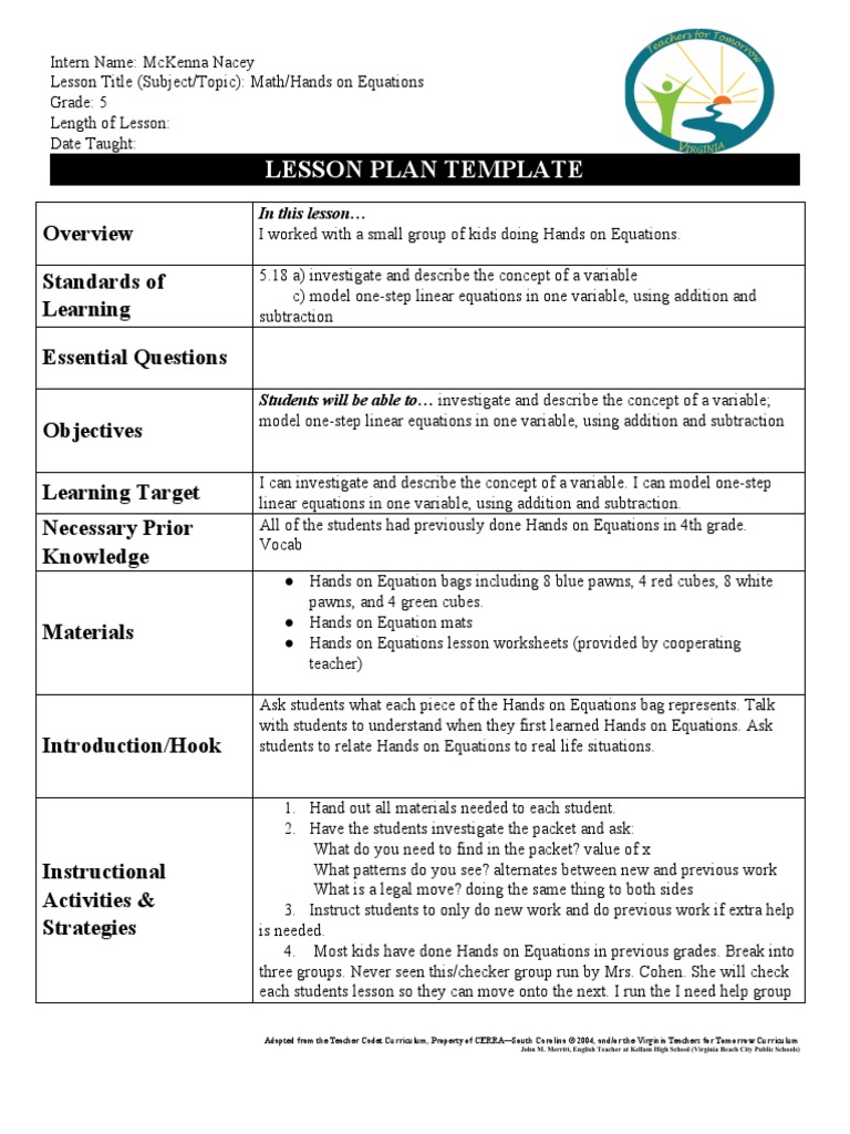Hands On Equations Lesson | PDF | Lesson Plan | Equations