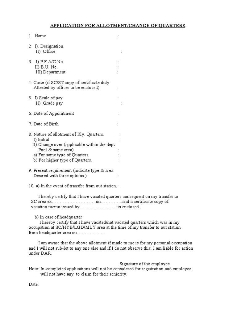1333454611576-Application For Allotment of Quarters | PDF