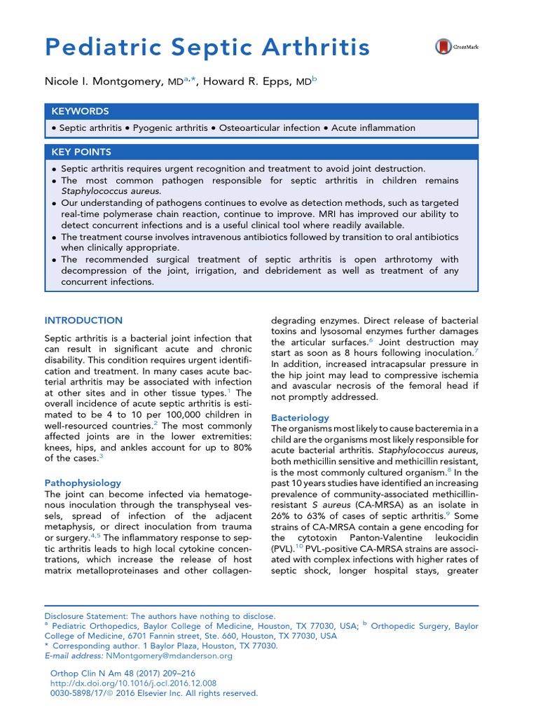 Pediatric Septic Arthritis: Nicole I. Montgomery,, Howard R. Epps | PDF ...