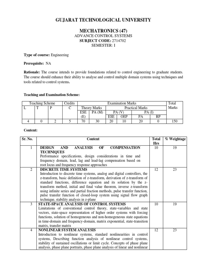 Advanced Control Systems Syllabus | PDF | Control Theory | Stability Theory