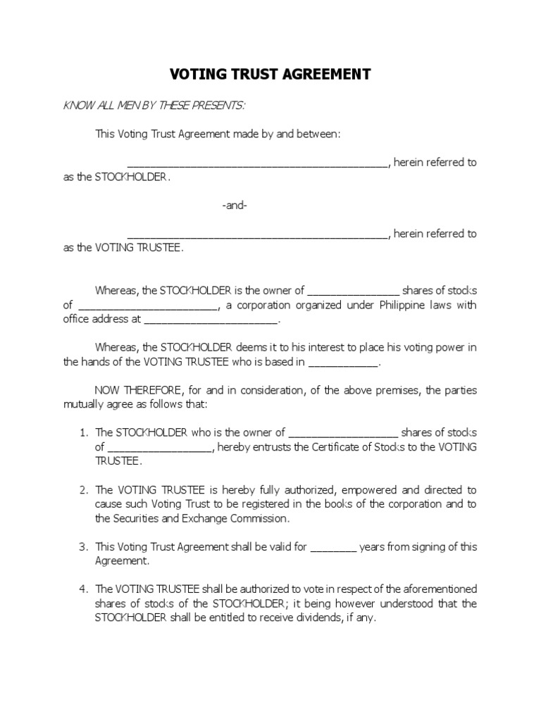 Voting Trust Agreement (Template) | PDF | Trustee | Corporations