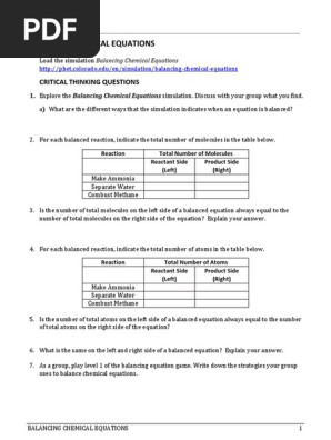 Balancing Chemical Equations Answer Key Pogil