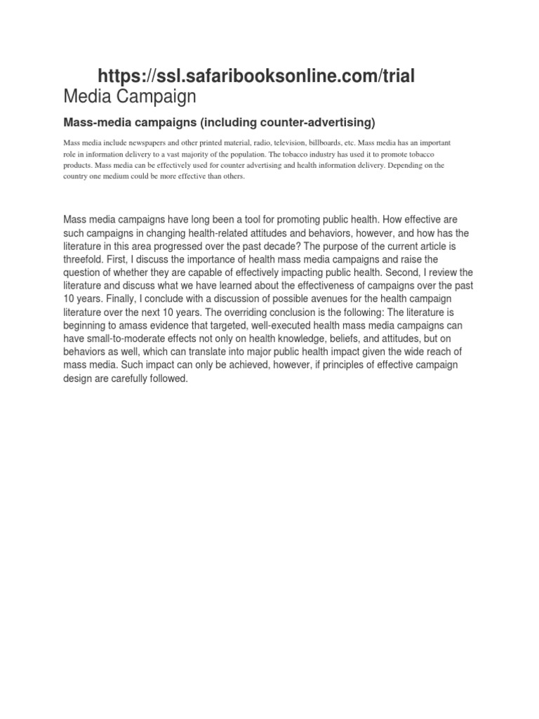 Media Campaign: Mass-Media Campaigns (Including Counter-Advertising) | PDF