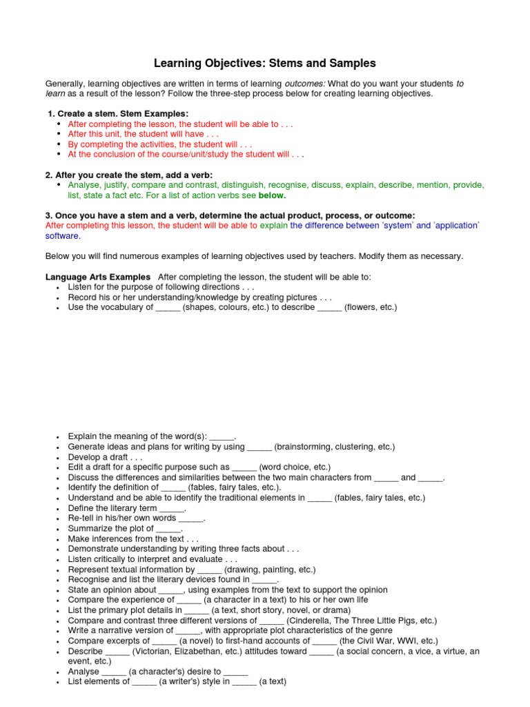 Learning Objectives: Stems and Samples | PDF | Information | Fairy Tales