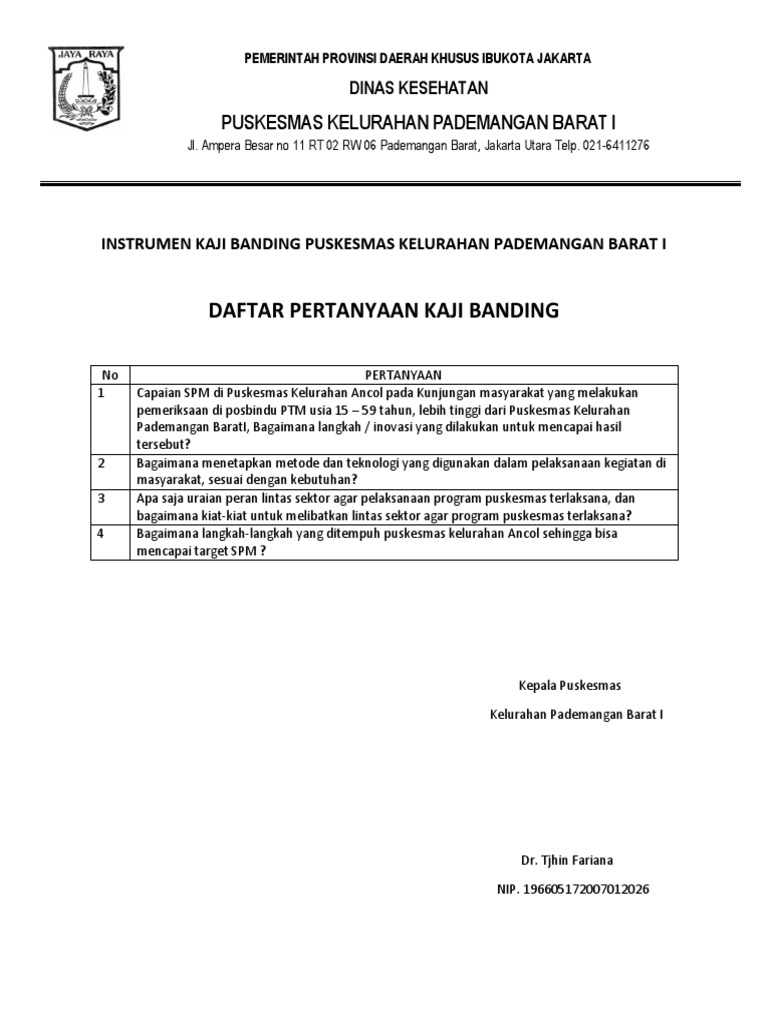 Instrumen Kaji Banding Puskesmas Kelurahan Pademangan Barat I | PDF