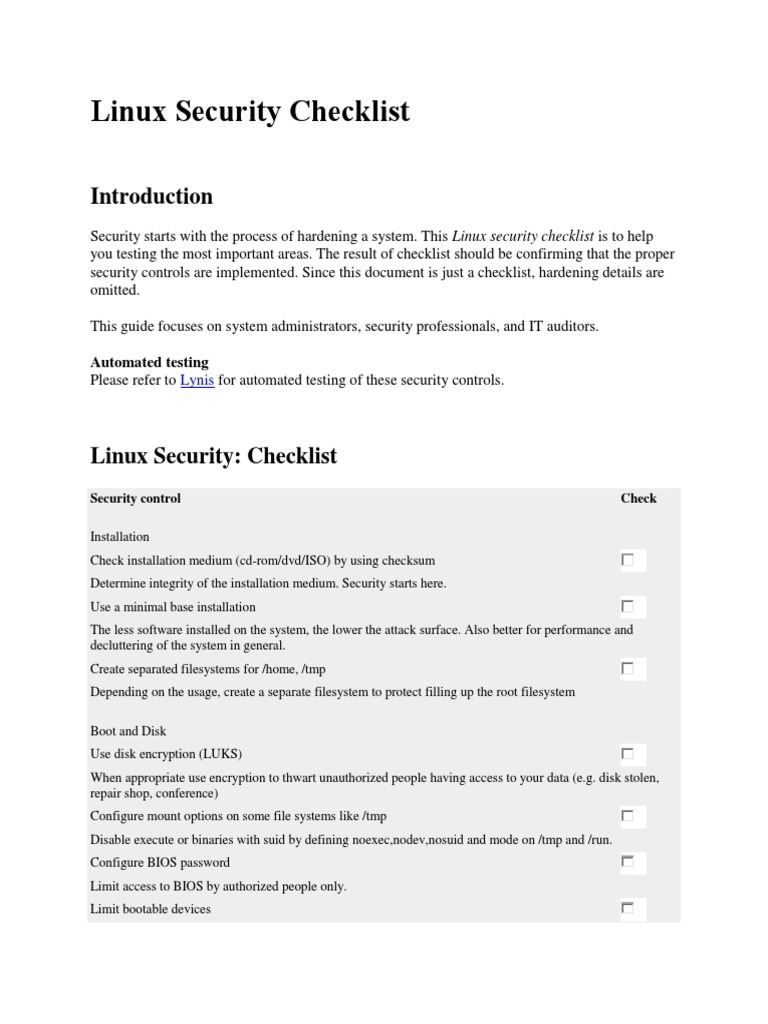 Linux Security Checklist | PDF | Malware | Booting