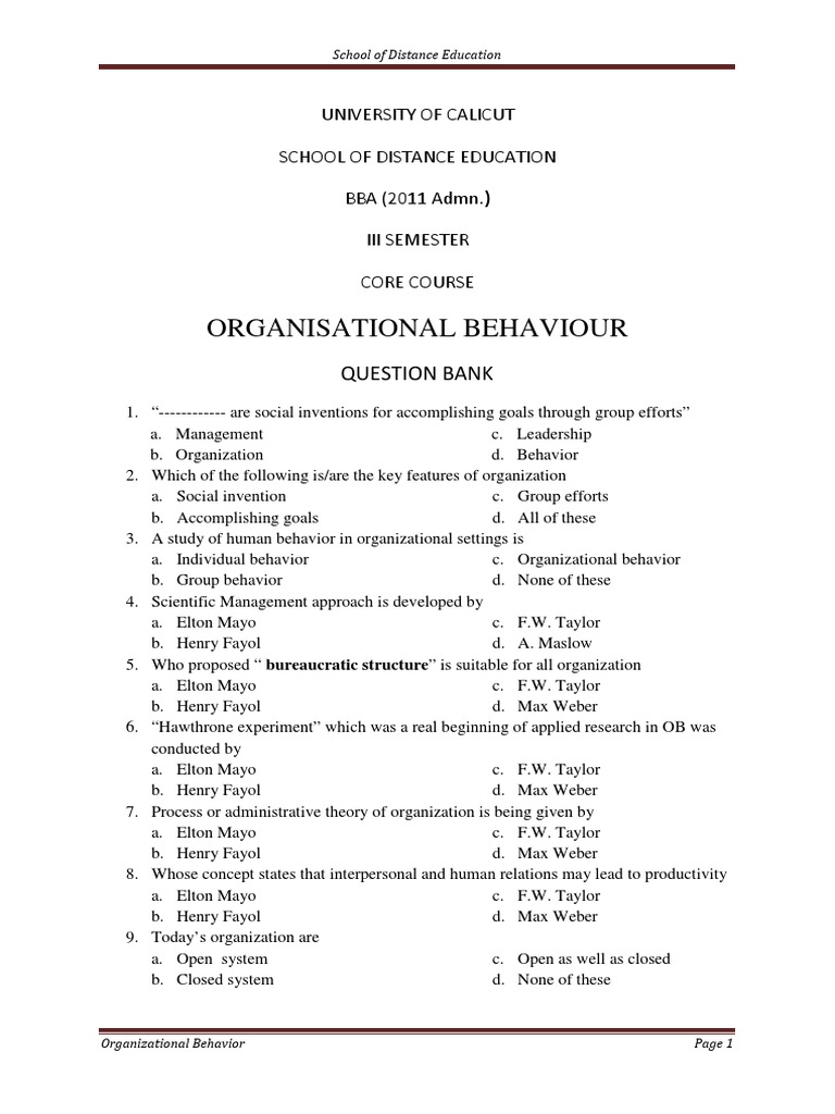 Organizational Behavior MCQs | PDF | Organizational Behavior ...