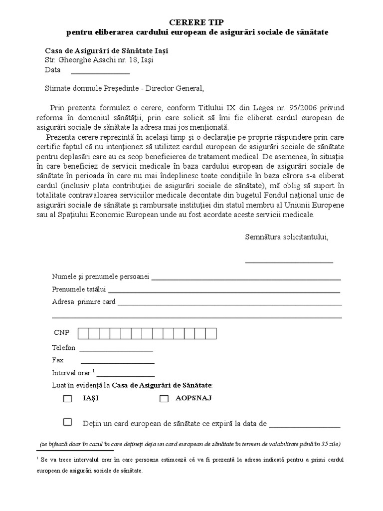 Cerere Card European de Sanatate | PDF