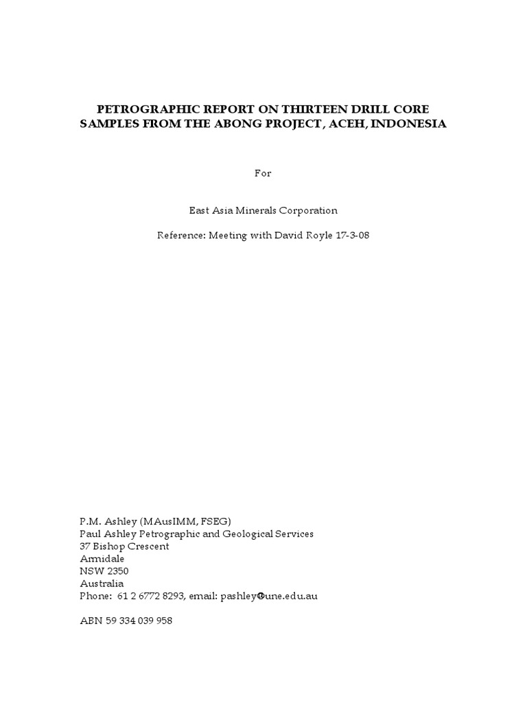Petrographic Report On Thirteen Drill Core Samples From The Abong ...