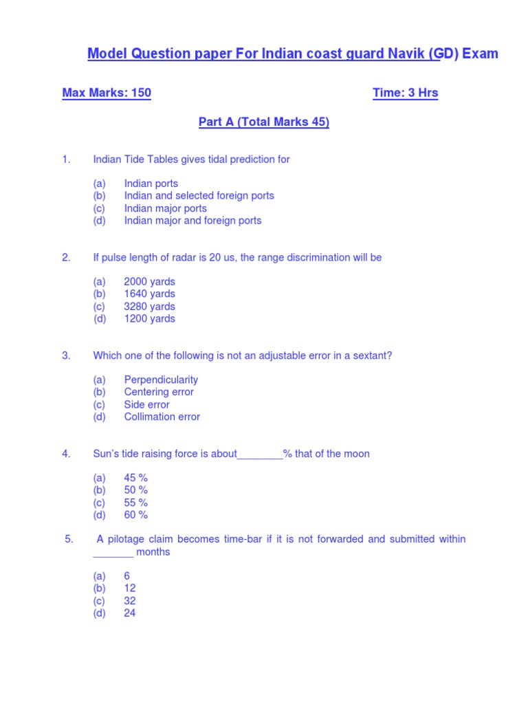 Indian Coast Guard Navik GD Previous Model Question Paper PDF Download ...