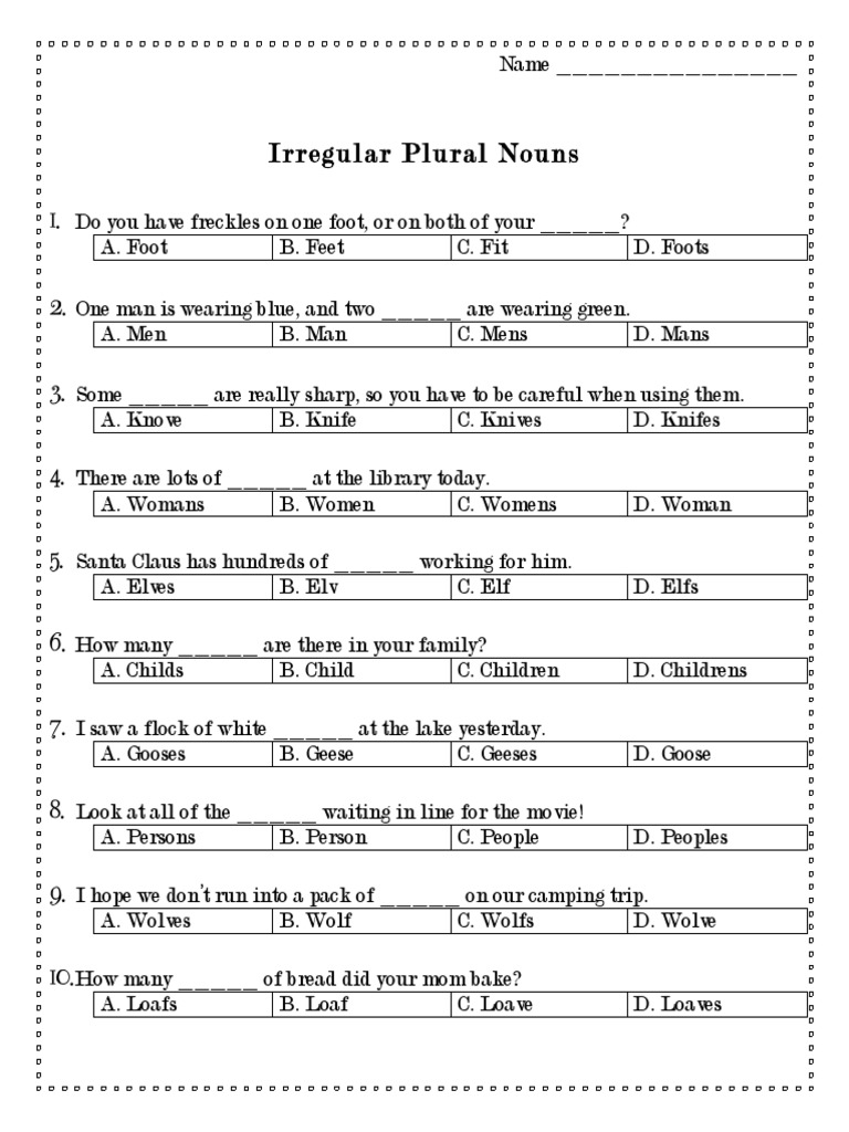 Irregular Plural Nouns - Multiple Choice | PDF