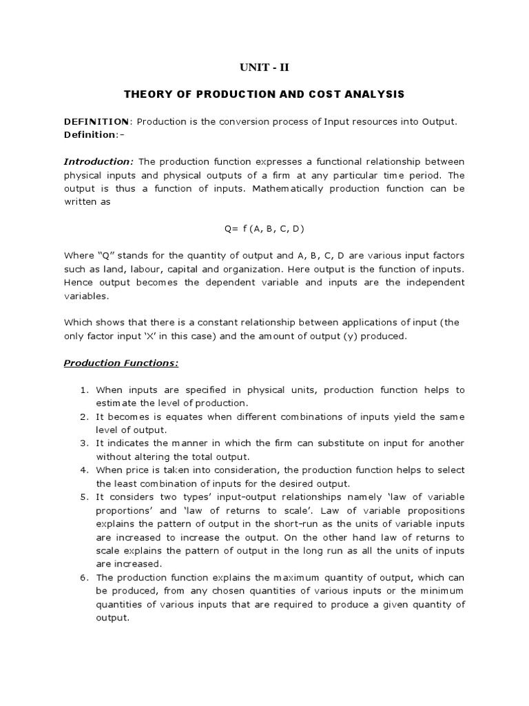 Theory of Production and Cost Analysis: Unit - Ii | PDF | Production ...
