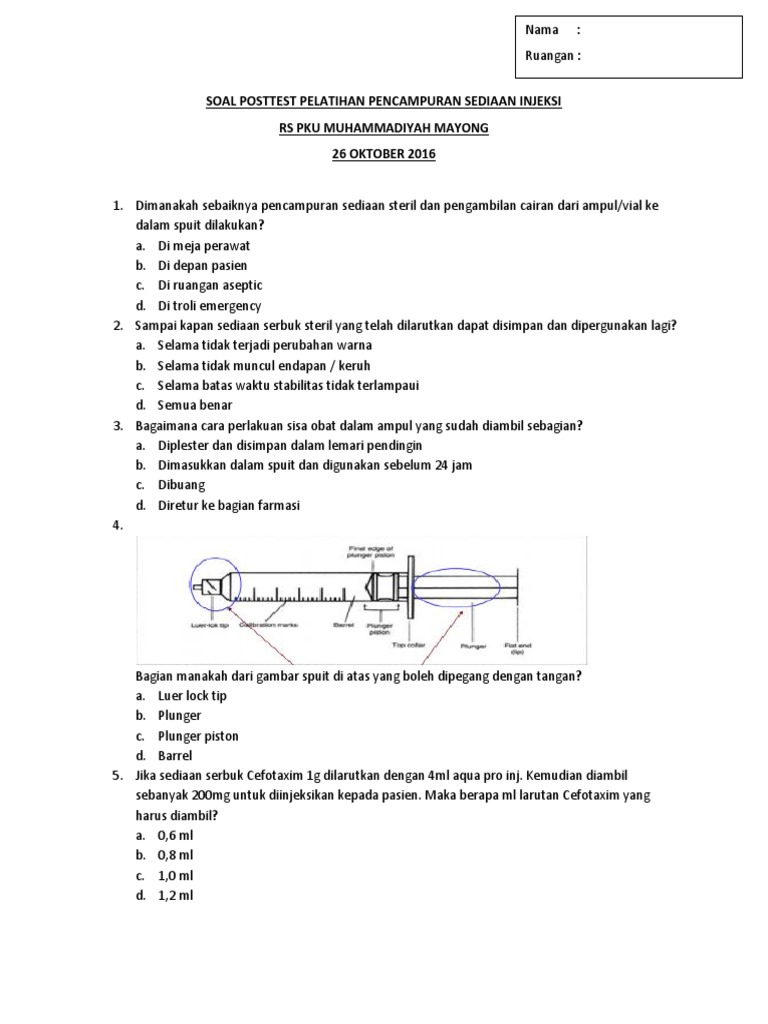 Soal Postest Pelatihan Pencampuran Sediaan Injeksi | PDF