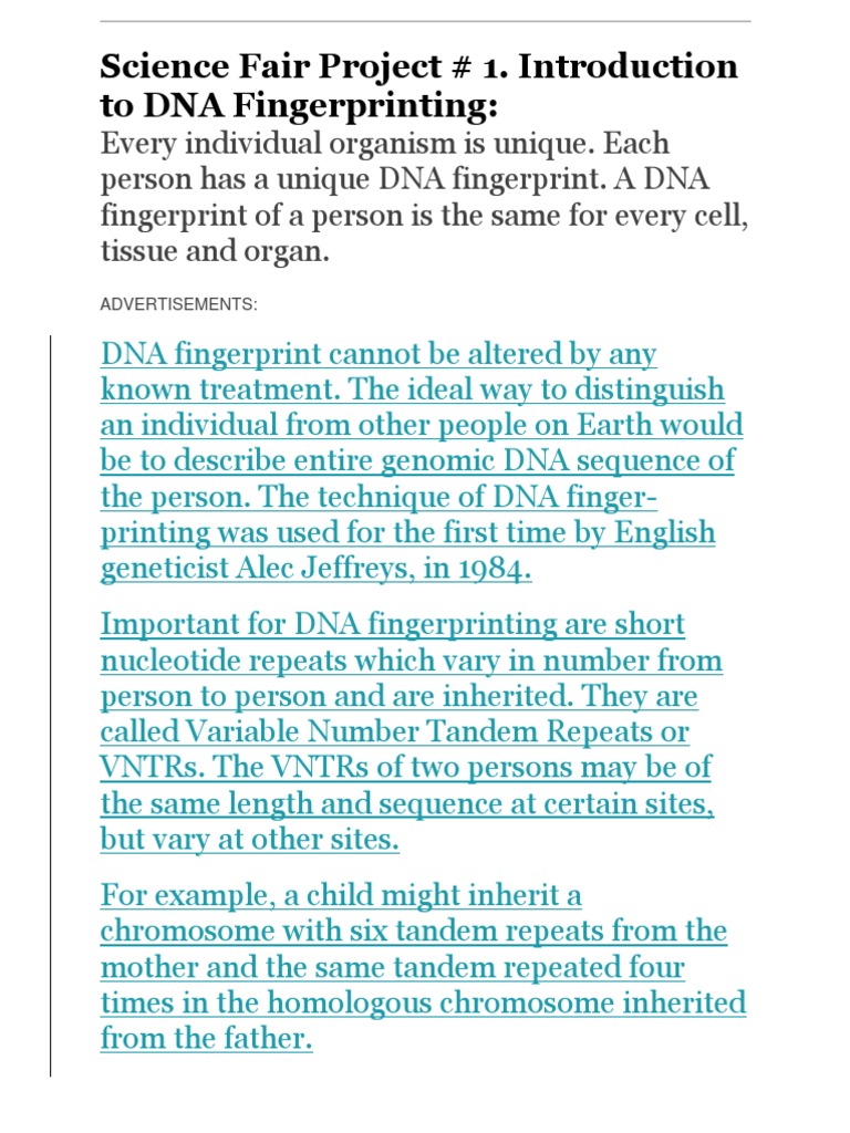 Science Fair Project # 1. Introduction To DNA Fingerprinting | PDF ...