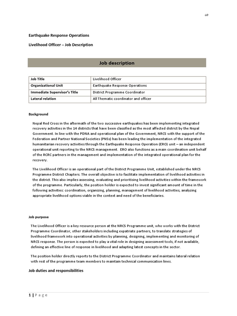 2 JD - Livelihood Officer - 0 | PDF | Evaluation | Sustainability
