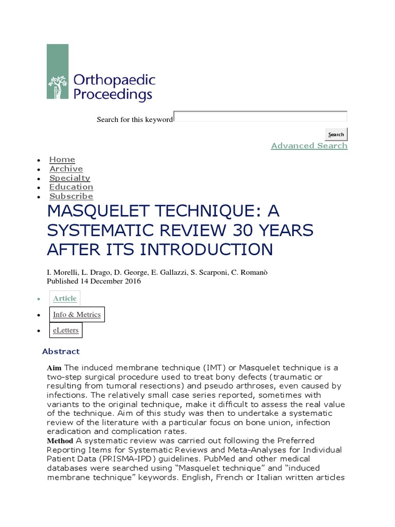 Masquelet Technique A Systematic Review 30 Years | PDF | Systematic ...